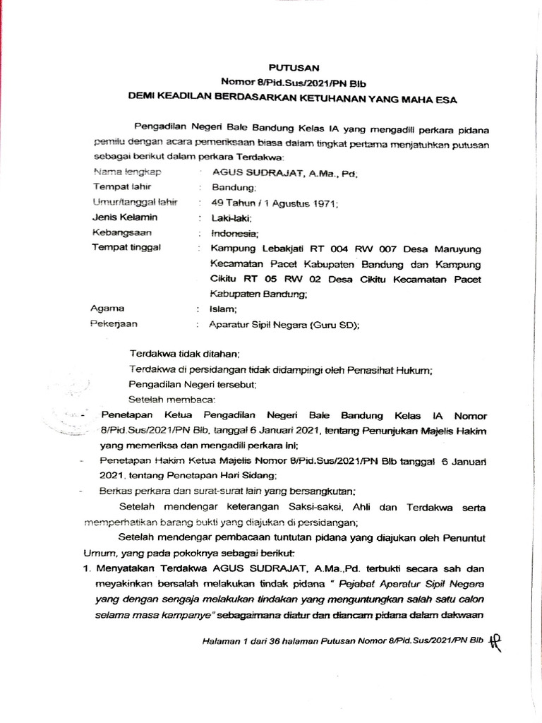 Putusan PN Bandung - Agus Sudrajat (ASN 188) | PDF