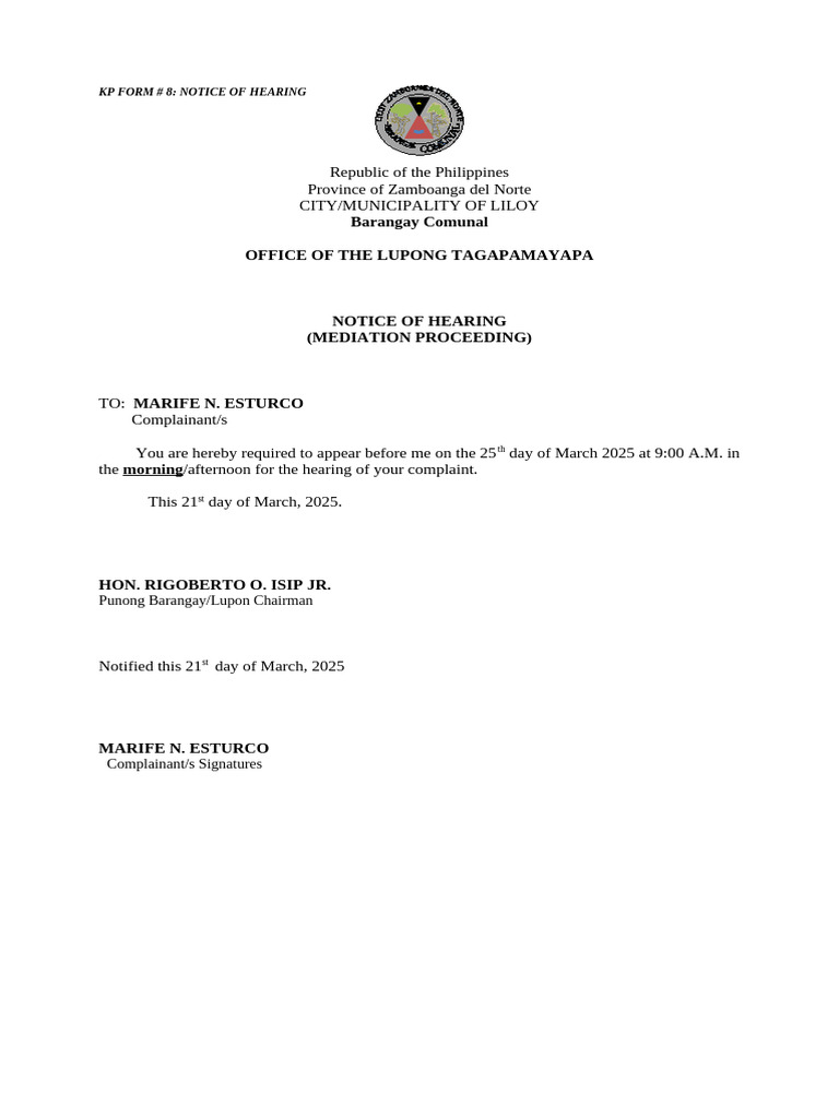 KP FORM Summon, Notice of Hearing, Officer's Return | PDF | Political ...