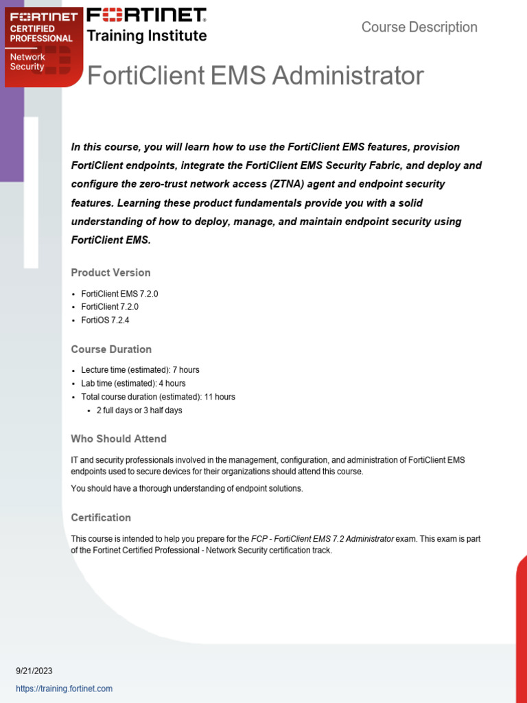 FortiClient EMS 7.2 Administrator Course Description | PDF | Information Technology | Computing