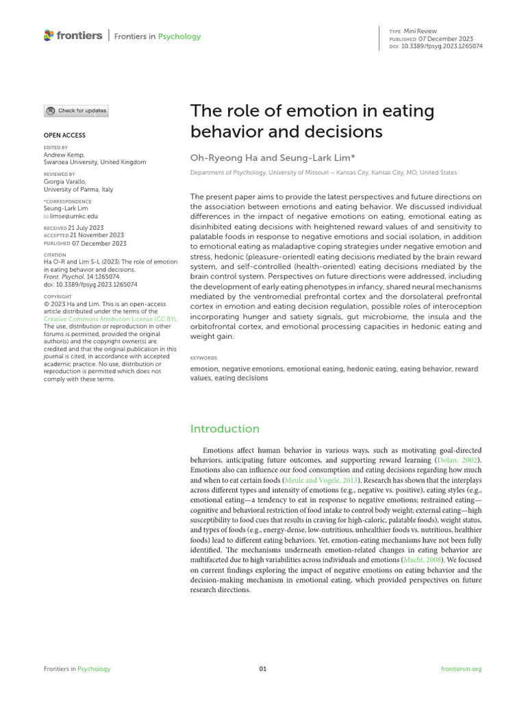 The Role of Emotion in Eating Behavior and Decisions | PDF | Reward ...