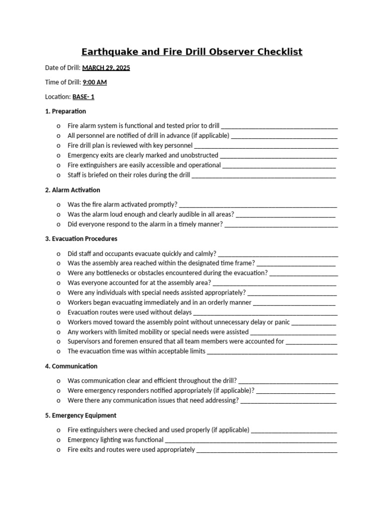 Fire Drill Observer Checklist | PDF | Emergency Evacuation | Emergency