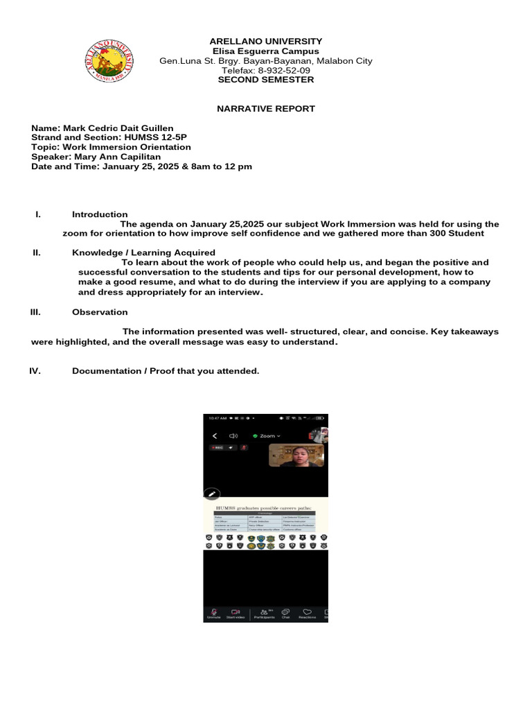 Work Immersion Orientation Narrative Report 2 | PDF