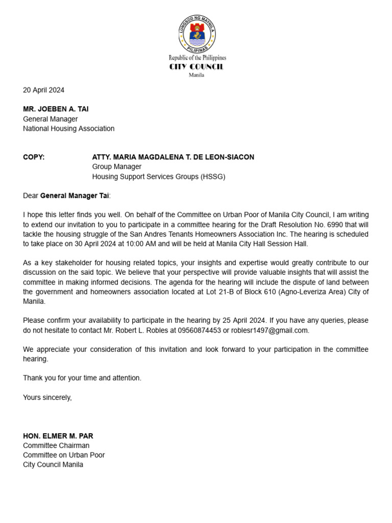 Invitation Letter - NAMRIA (Committee Hearing) | PDF