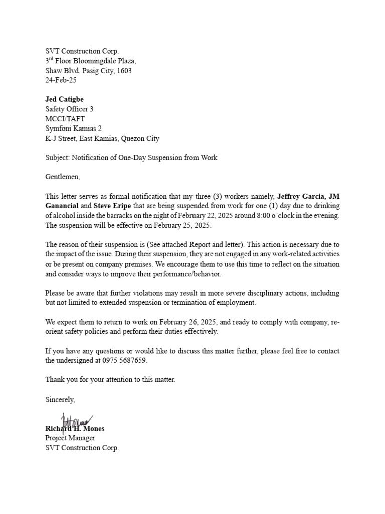 Letter of Suspension 3 Workers | PDF