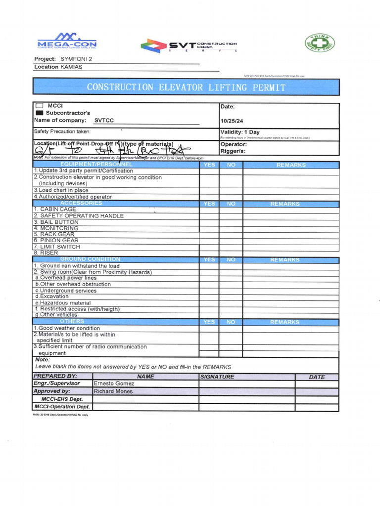 Construction Elevator Lifting Permit | PDF