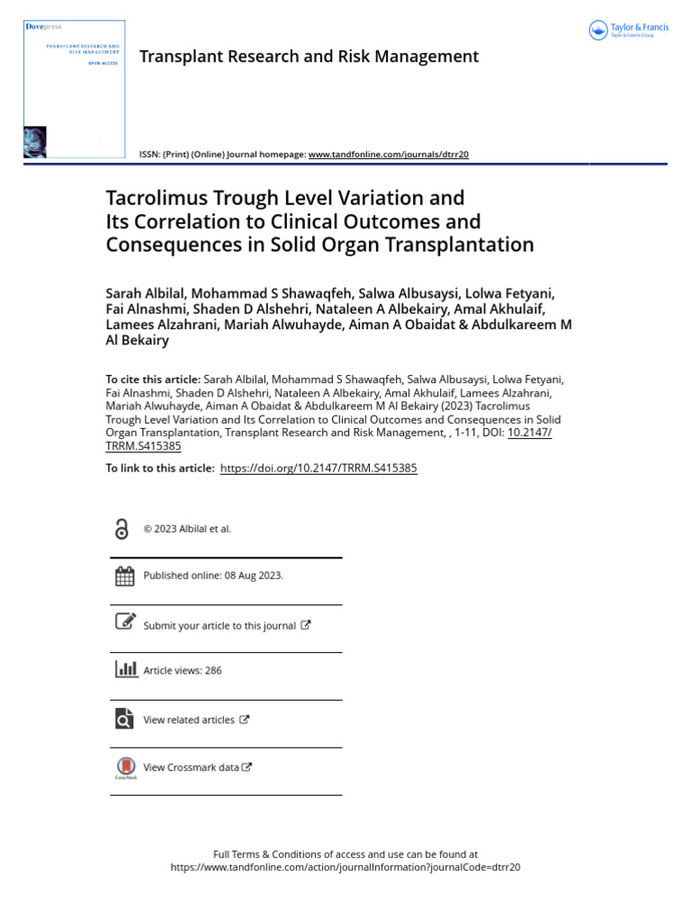 Tacrolimus Trough Level Variation and Its Correlation To Clinical ...