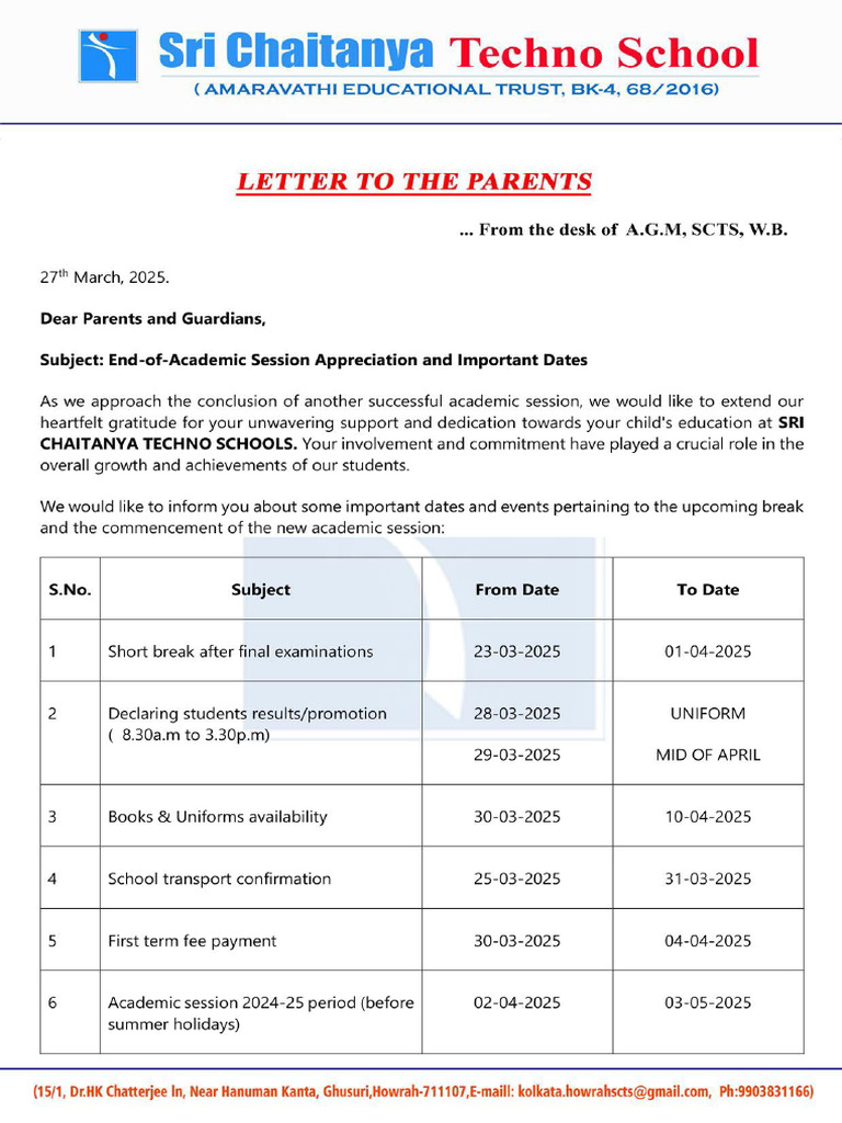 PARENTS LETTER HOWRAH | PDF