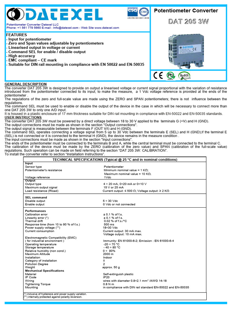 Potentiometer Converter DAT 205 3W | PDF | Power Supply | Electrical ...