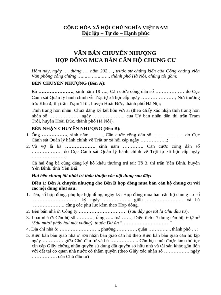 Mau Van Ban Chuyen Nhuong Hop Dong Mua Ban Can Ho Chung Cu | PDF