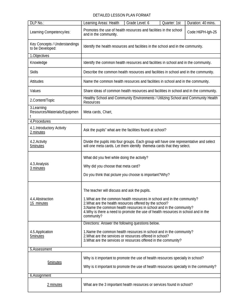 DETAILED LESSON PLAN FORMAT Grade 6 Health 25 | PDF | Lesson Plan ...