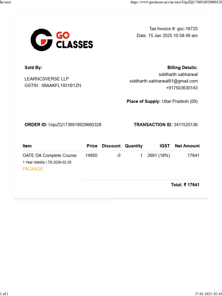 Tax Invoice for GATE DA Course Purchase | PDF