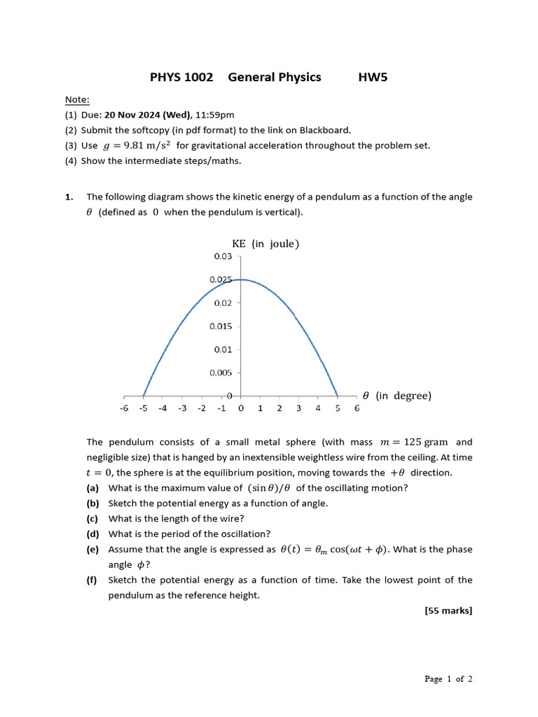 HW5 - MOY Toby Gabriel Phys1002 | PDF | Oscillation | Pendulum