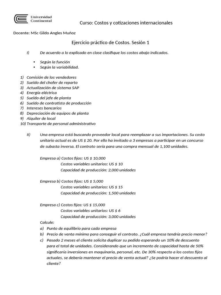 Ejercicio de Costos Costos y Cotizaciones Internacionales S1 | PDF