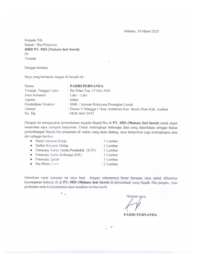Dok Lamaran Kerja Pahr Pernanda | PDF