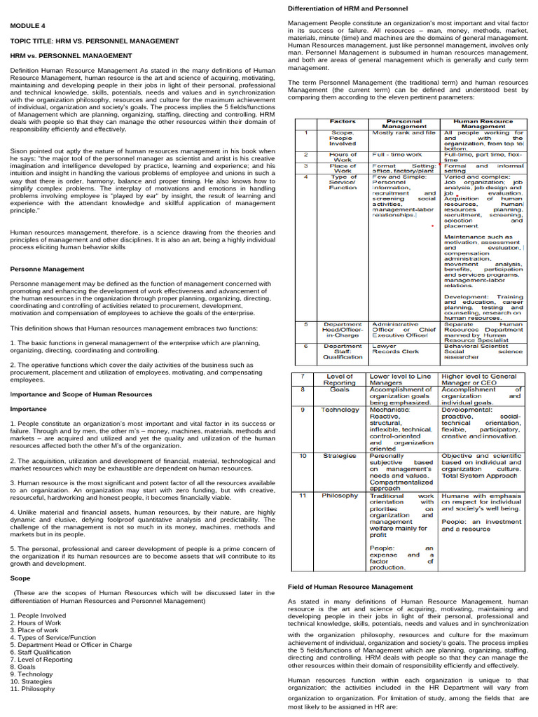 Differentiating HRM and Personnel Management | PDF | Human Resource ...