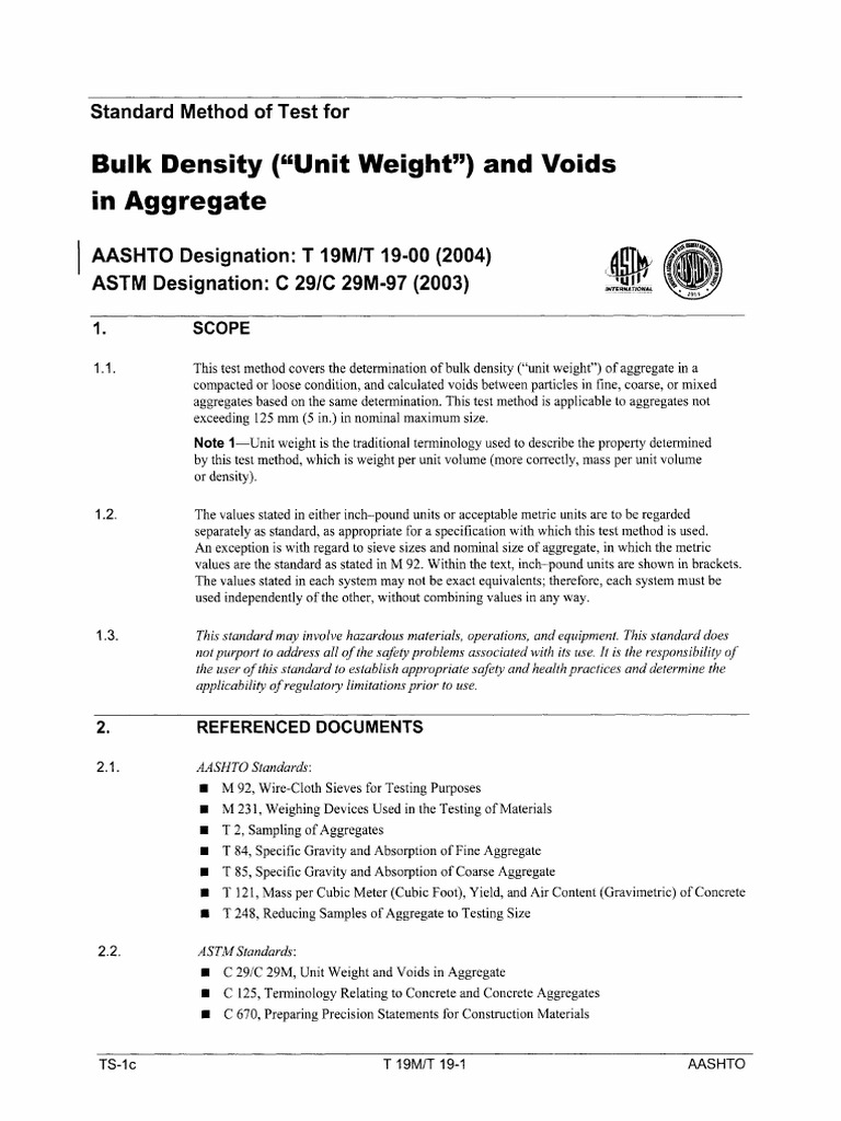 AASHTO T19M: Bulk Density of Aggregates | PDF | Density | Weight