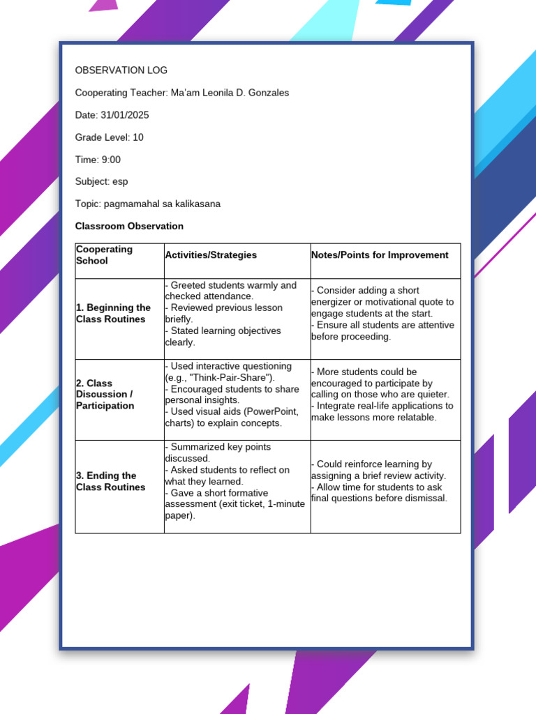 Grade 10 Classroom Observation Log | PDF