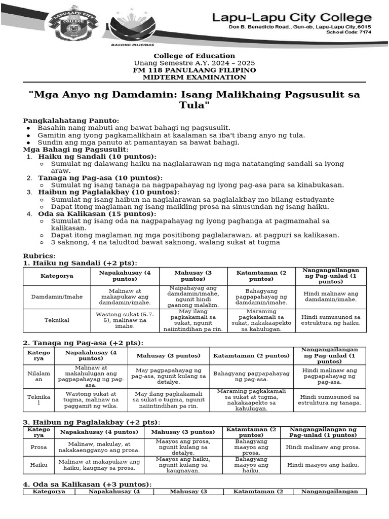 Mga Anyo Ng Damdamin Isang Malikhaing Pagsusulit Sa Tula | PDF
