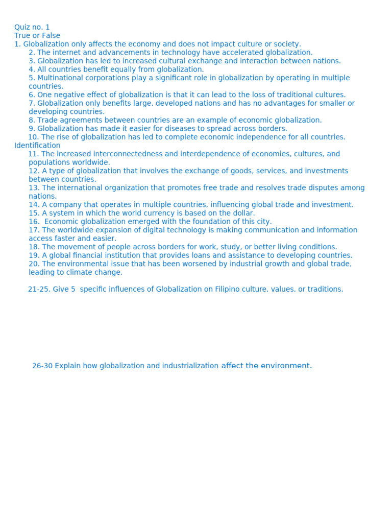 Test On Ly 1st Quiz Globalization and Gobal Economy | PDF