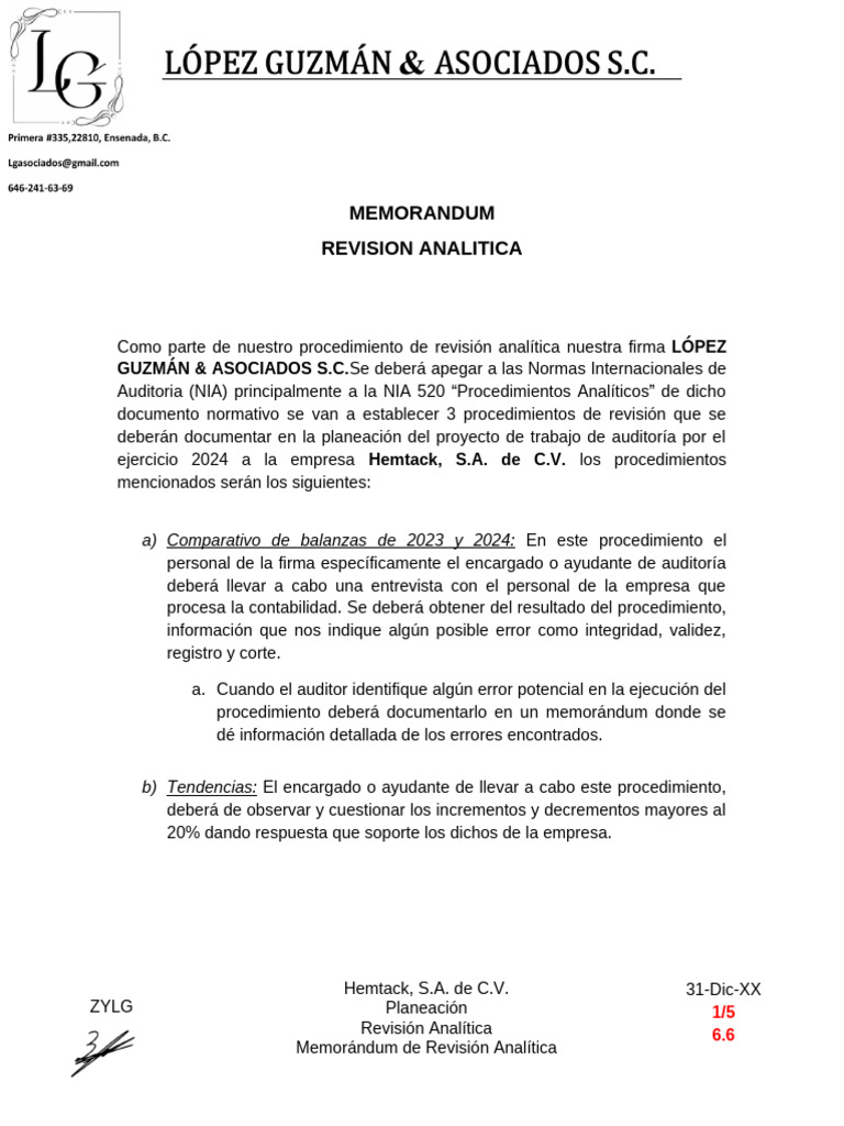 6.6 Memorandum de Revisi¢n Analitica (1) | PDF | Auditoría | Contabilidad