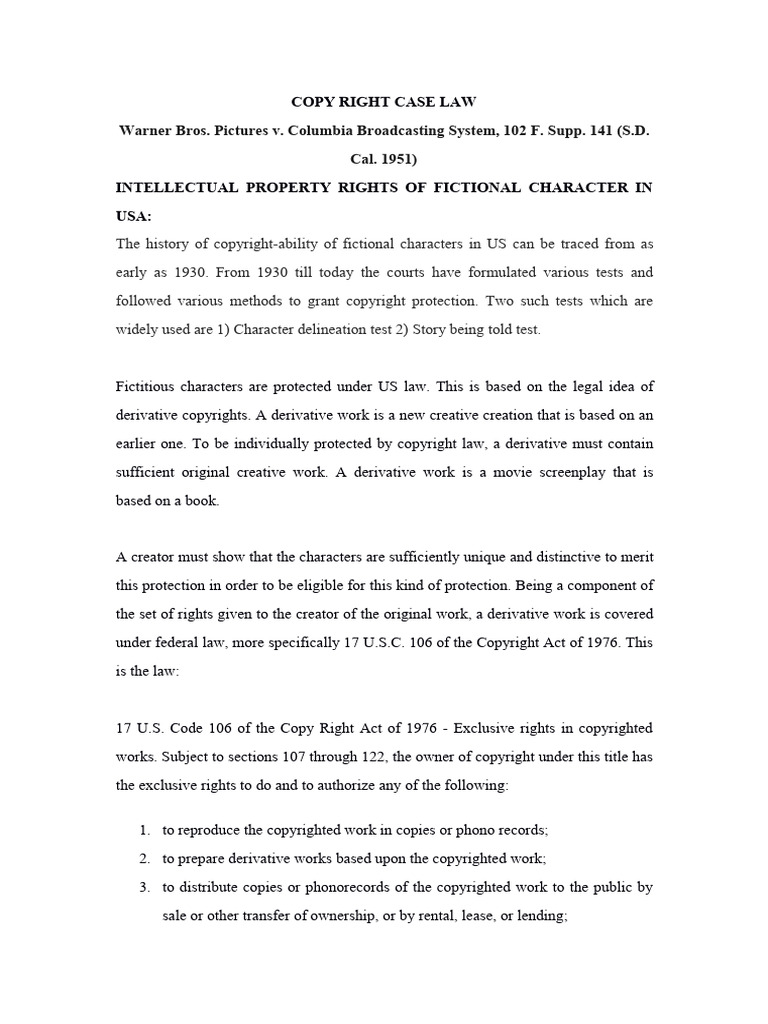 Warner Brothers Pictures v. CBS | PDF | Copyright | Derivative Work