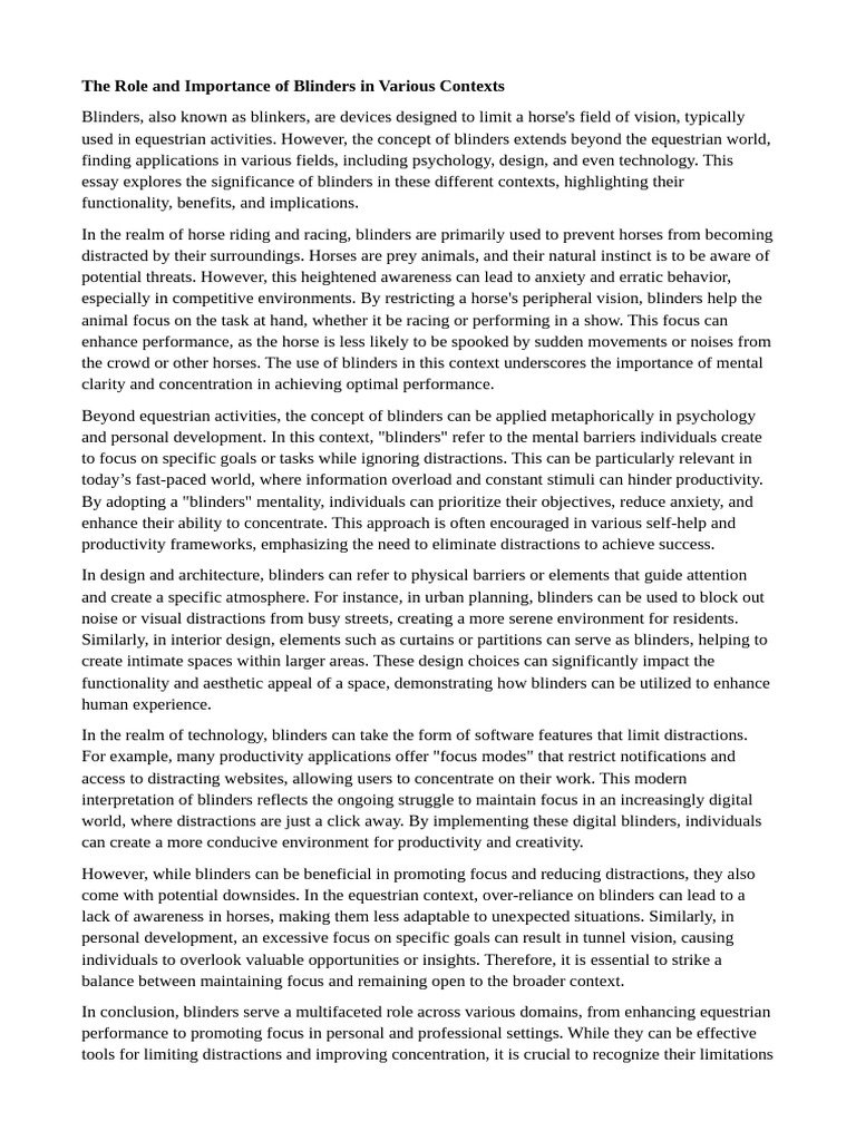 The Role and Importance of Blinders in Various Contexts | PDF | Horses ...