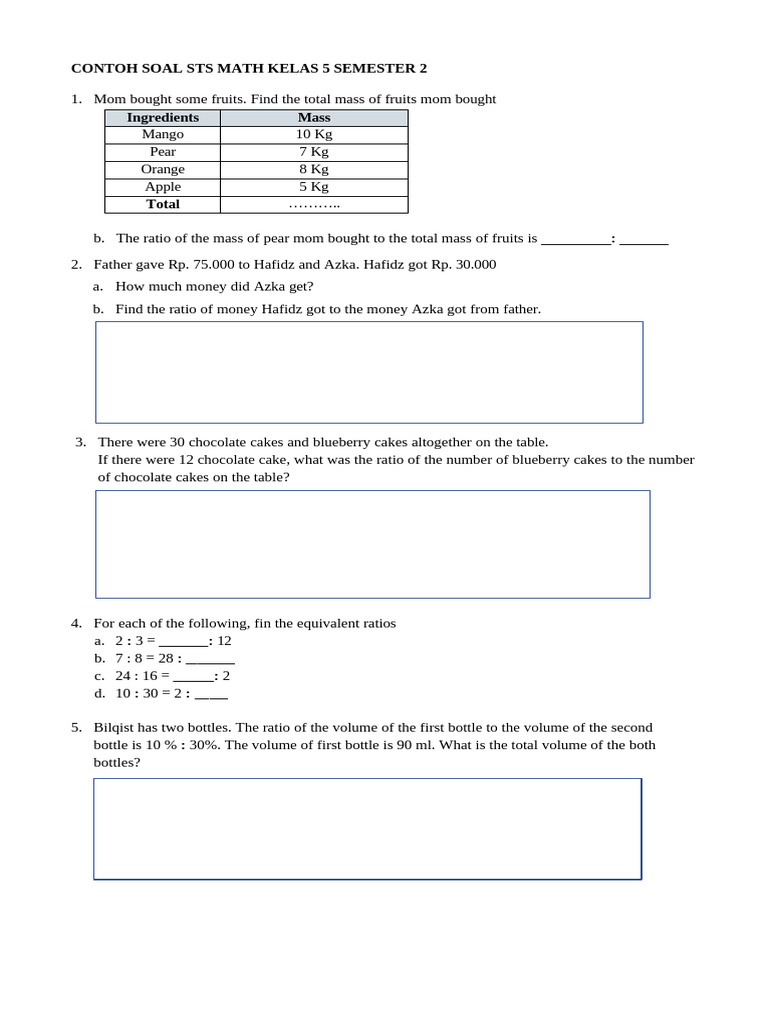 Contoh Soal STS Math Kelas 5 Semester 2 | PDF | Speed | Ratio