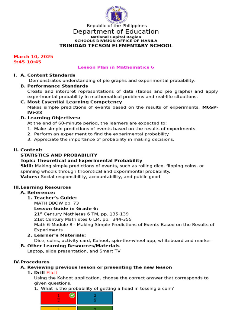 Cot-Lesson Plan-Theoretical and Experimental Probability | PDF | Probability | Learning