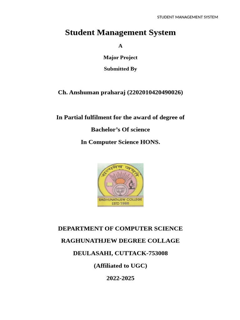 515046662-STUDENT-MANAGEMENT-SYSTEM-PROJECT-REPORT (1) .Anshu | PDF | System | Specification ...