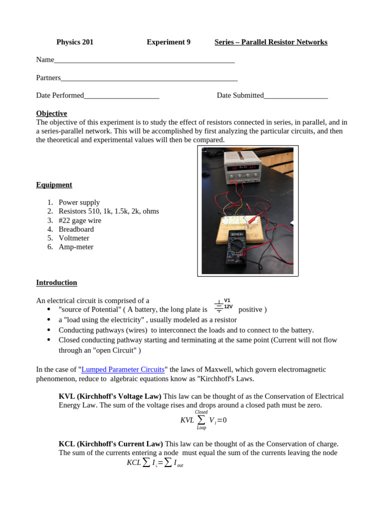 Lab 9 201-4 Series Parallel Networks (1) - 1 | PDF | Series And Parallel Circuits | Resistor