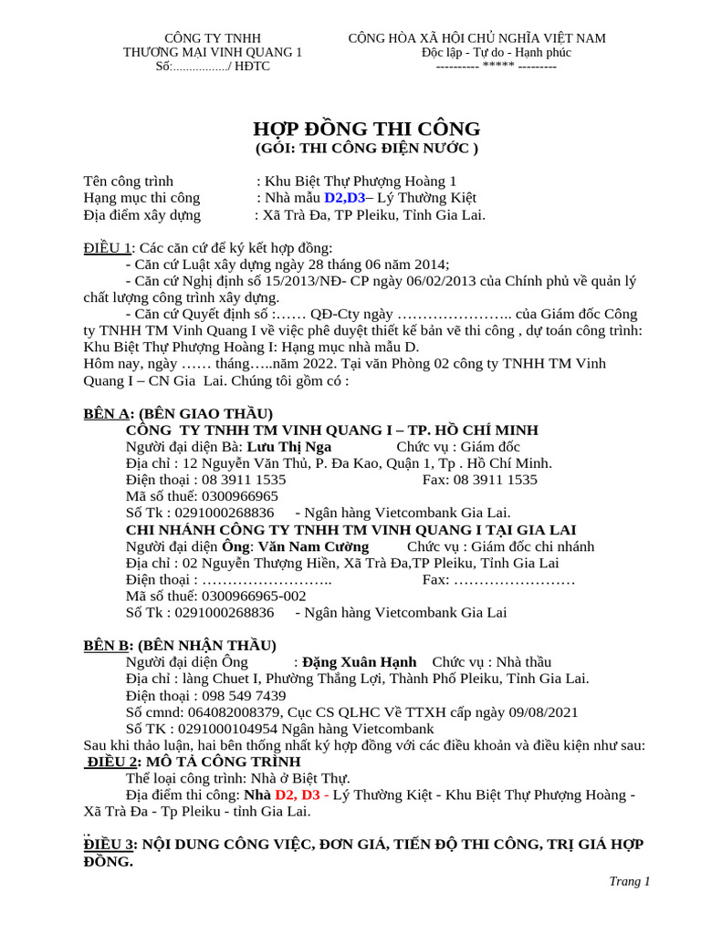 Hop Dong Dien Nuoc d2, d3 | PDF