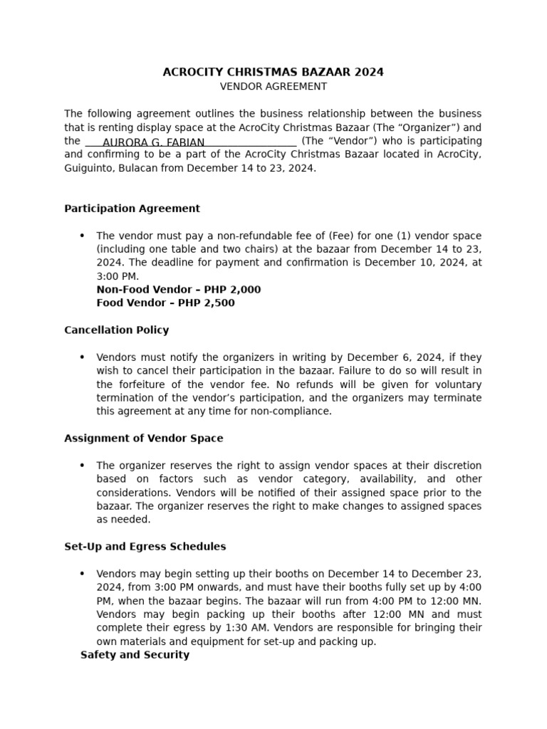 ACROCITY CHRISTMAS BAZAAR 2024 - Vendor Agreement - 1 | PDF | Safety
