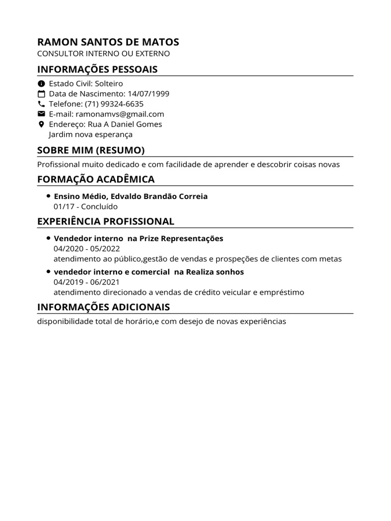 Currículo - Ramon Santos de Matos | PDF