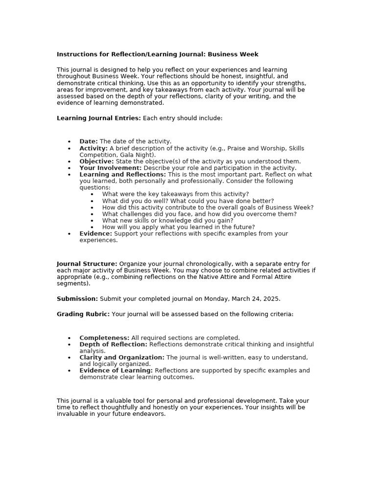 Business Week Reflection Journal Guide | PDF | Critical Thinking | Learning