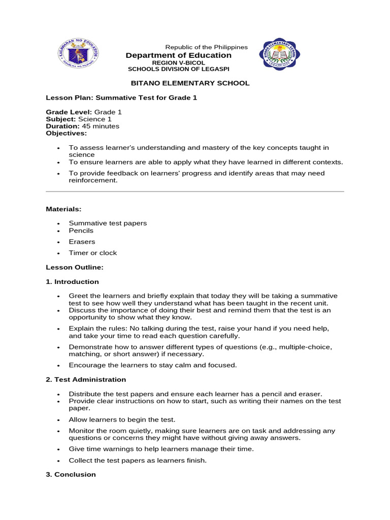 Summative Test Lesson Plan for Grade 1 | PDF | Learning | Human ...