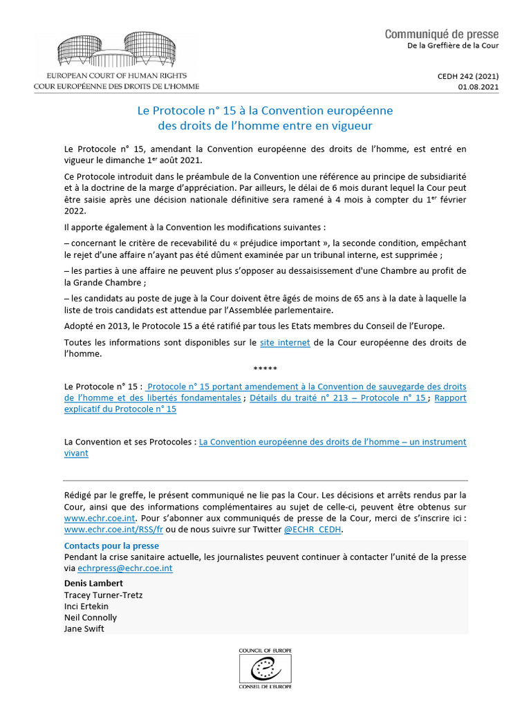 Protocole 15 : Amendements CEDH 2021 | PDF | Convention européenne des ...