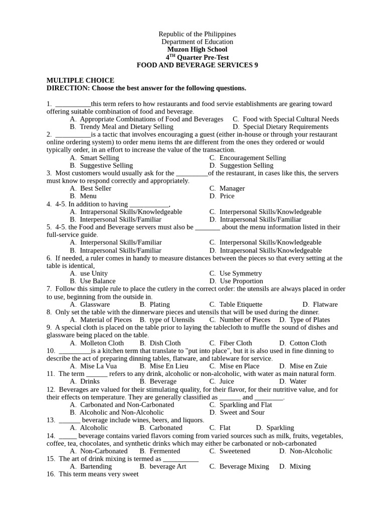 Food and Beverage Services Pre-Test | PDF | Drink | Tableware