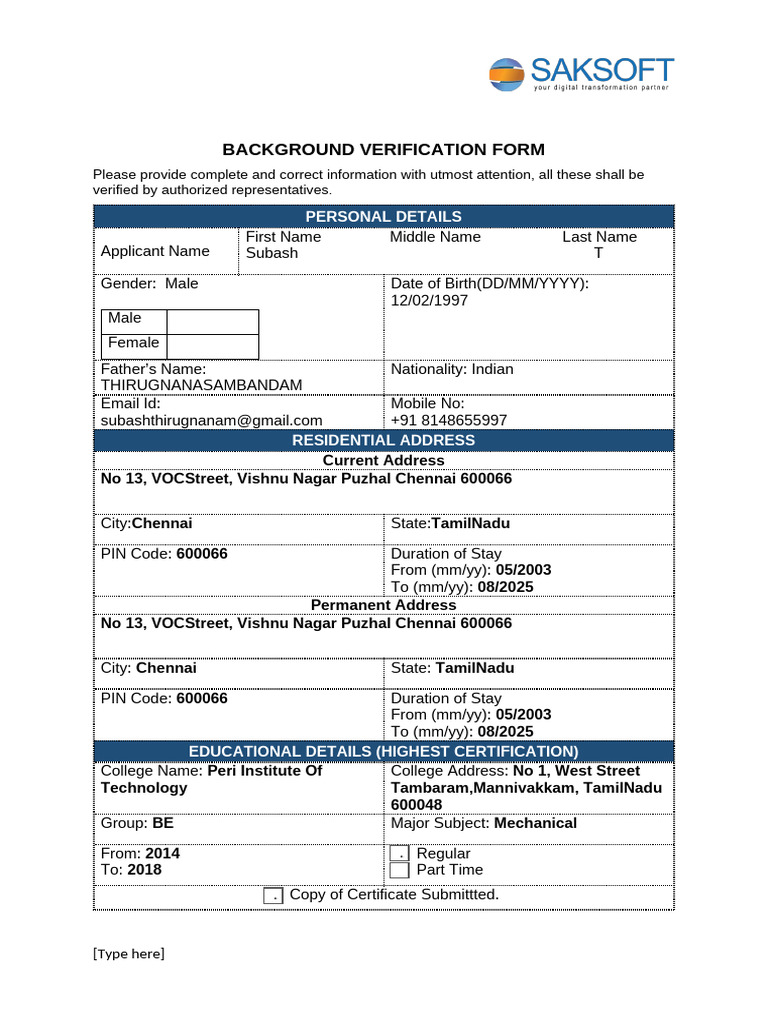 Employee Background Verification Form | PDF