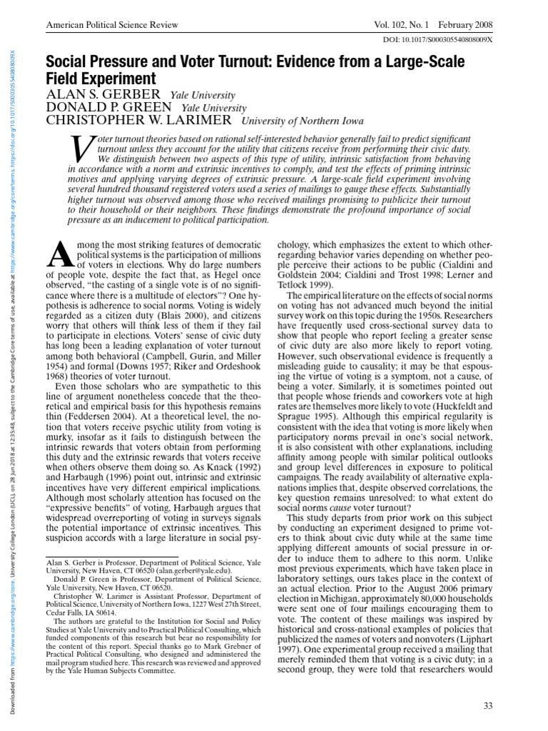 Gerber Green | PDF | Voter Turnout | Incentive