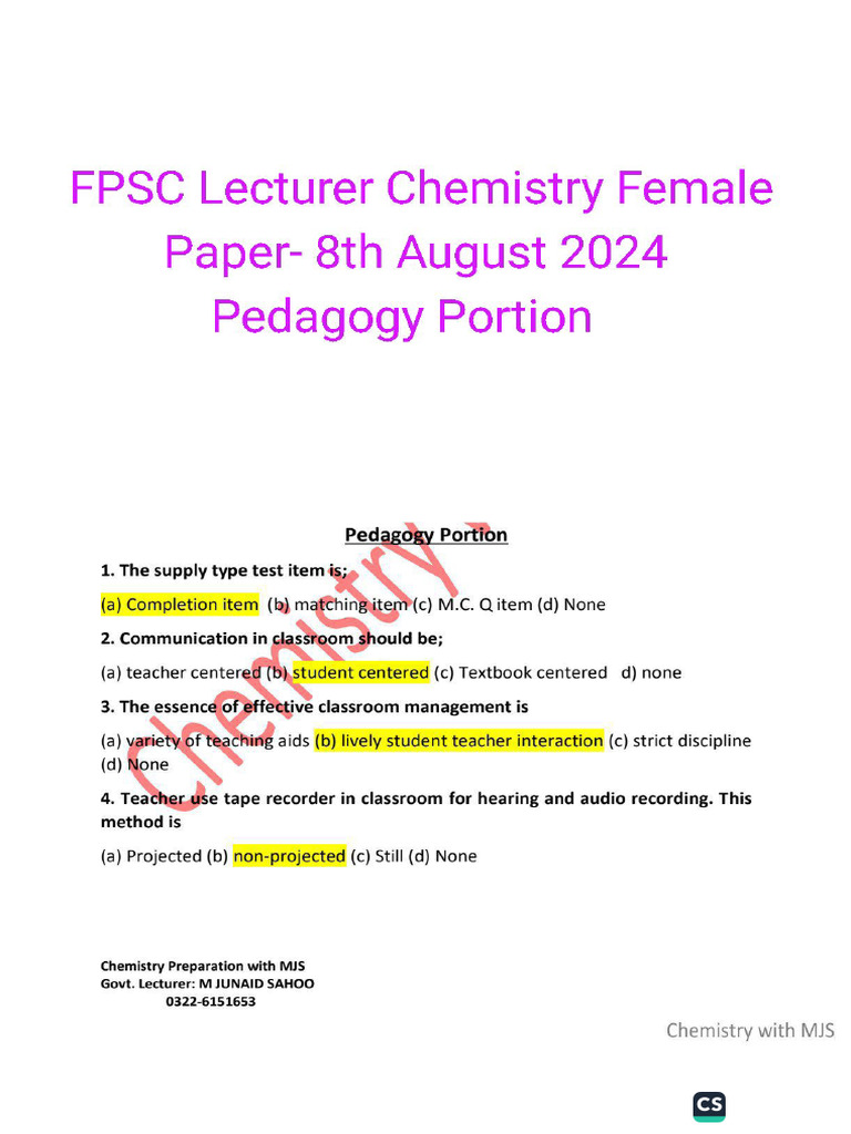 FPSC Assistant Professor Past Papers | PDF