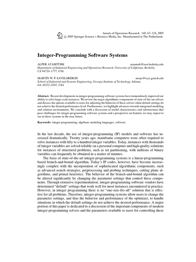 Atamtürk and Savelsbergh - 2005 - Integer-Programming Software Systems | PDF | Linear ...
