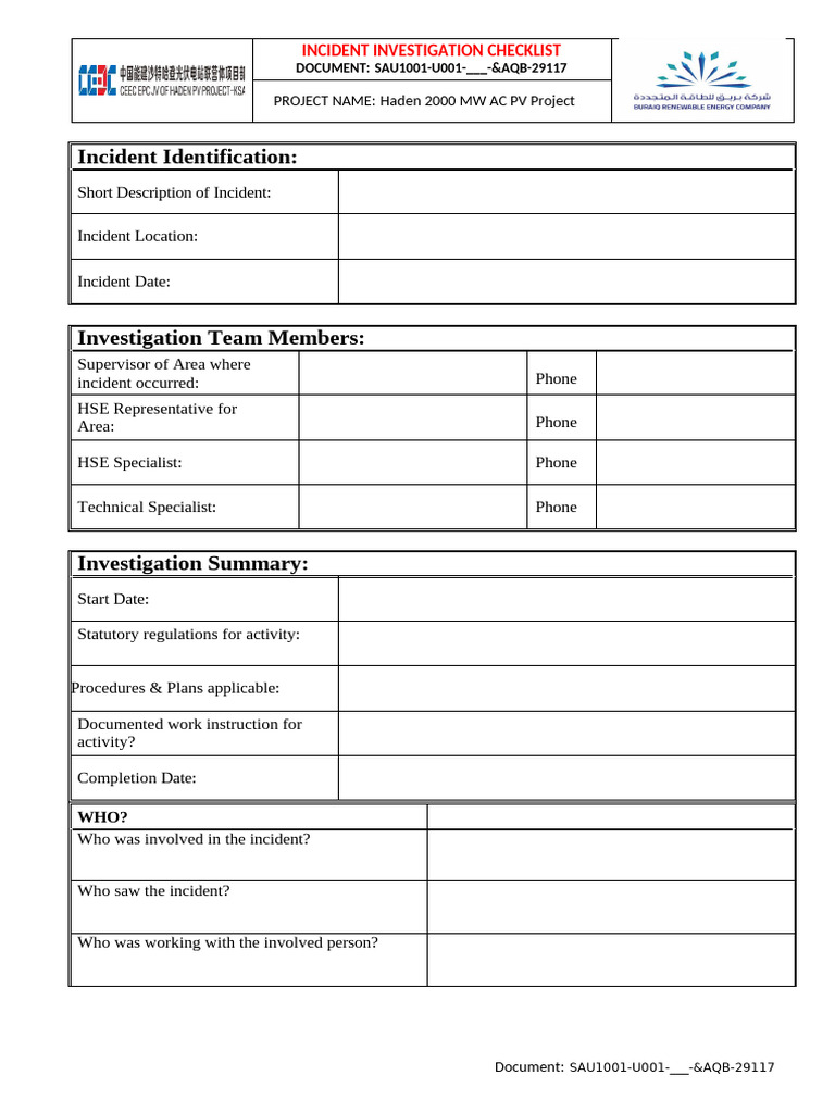 SAU1001-U001 - &AQB-29117 Incident Investigation Checklist | PDF ...