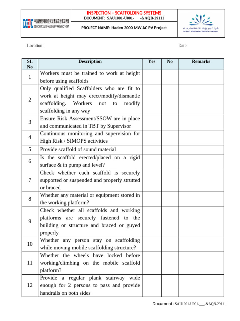 Scaffolding Safety Inspection Checklist | PDF | Scaffolding ...