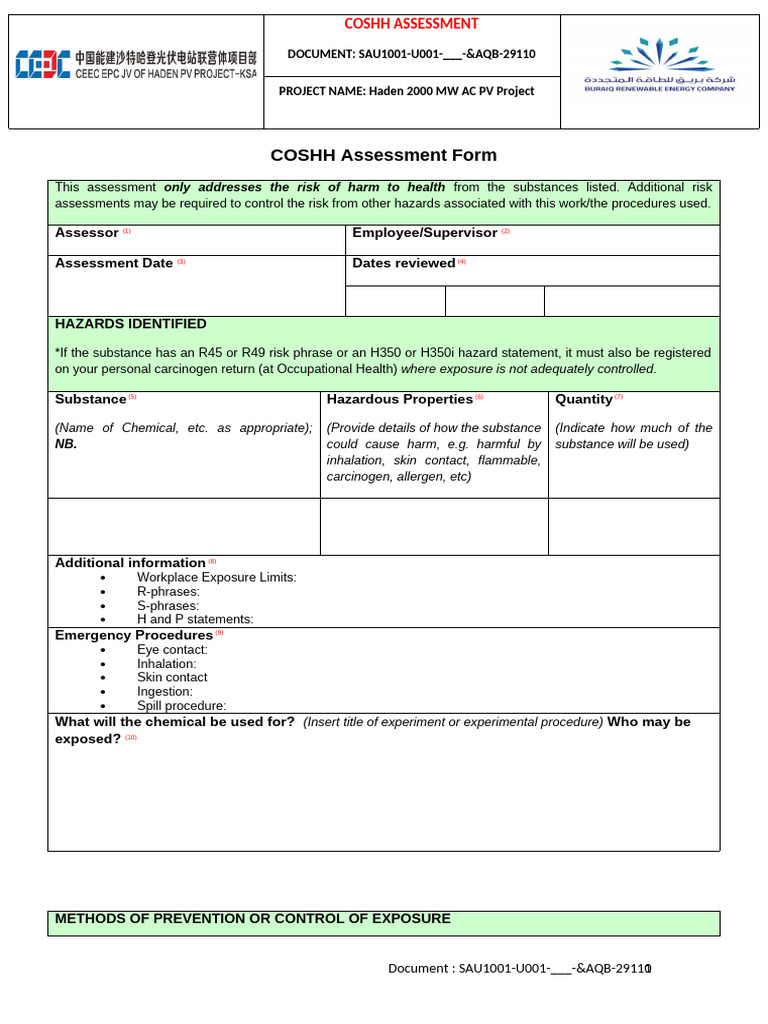 Sau1001-U001 - &aqb-29110 Coshh Assessment | PDF | Personal Protective ...