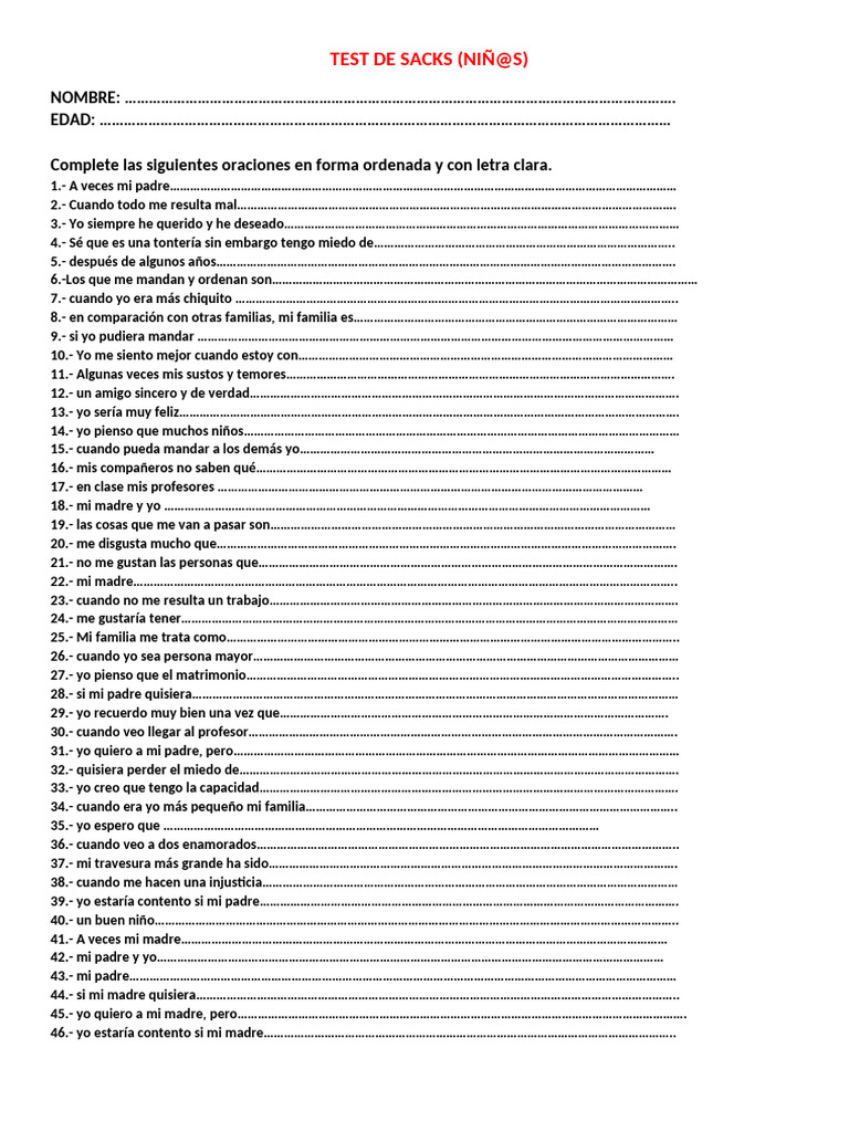 Test de Sacks para Niños y Adolescentes | PDF