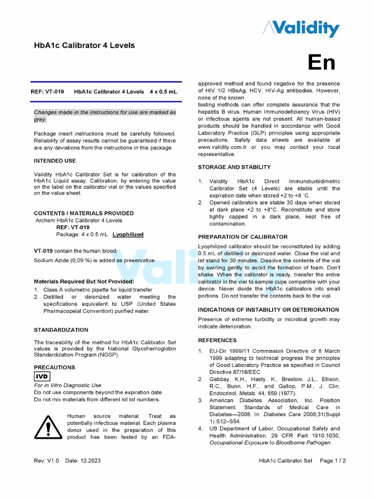 HbA1c Calibrator Set 1 4 Levels - Ifu - Eng | PDF