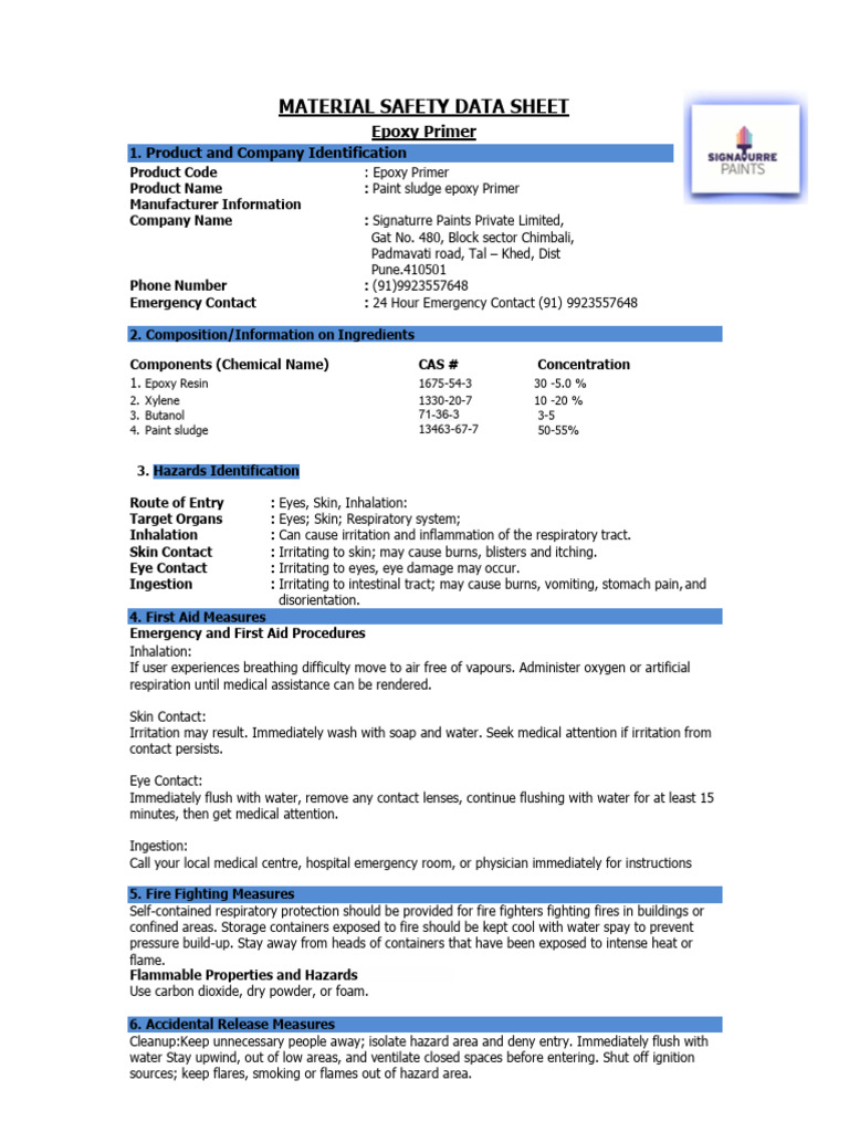 91. MSDS Epoxy paint sludge primer | PDF