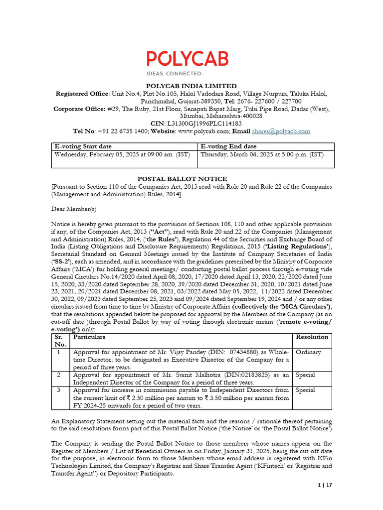Polycab India Limited Postal Ballot Notice | PDF | Login | Electronic ...