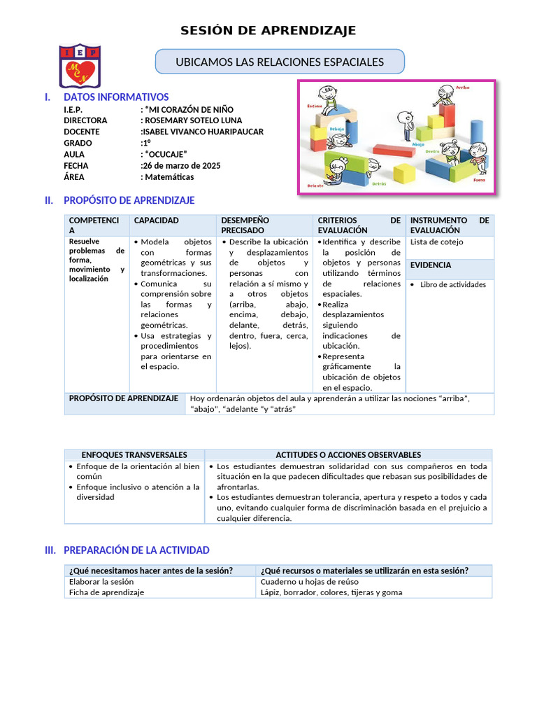 Aprendizaje de Relaciones Espaciales en 1° | PDF | Aprendizaje | Cognición