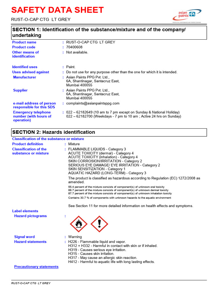 Msds-Rust-O-Cap CTG LT Grey | PDF | Toxicity | Occupational Safety And Health